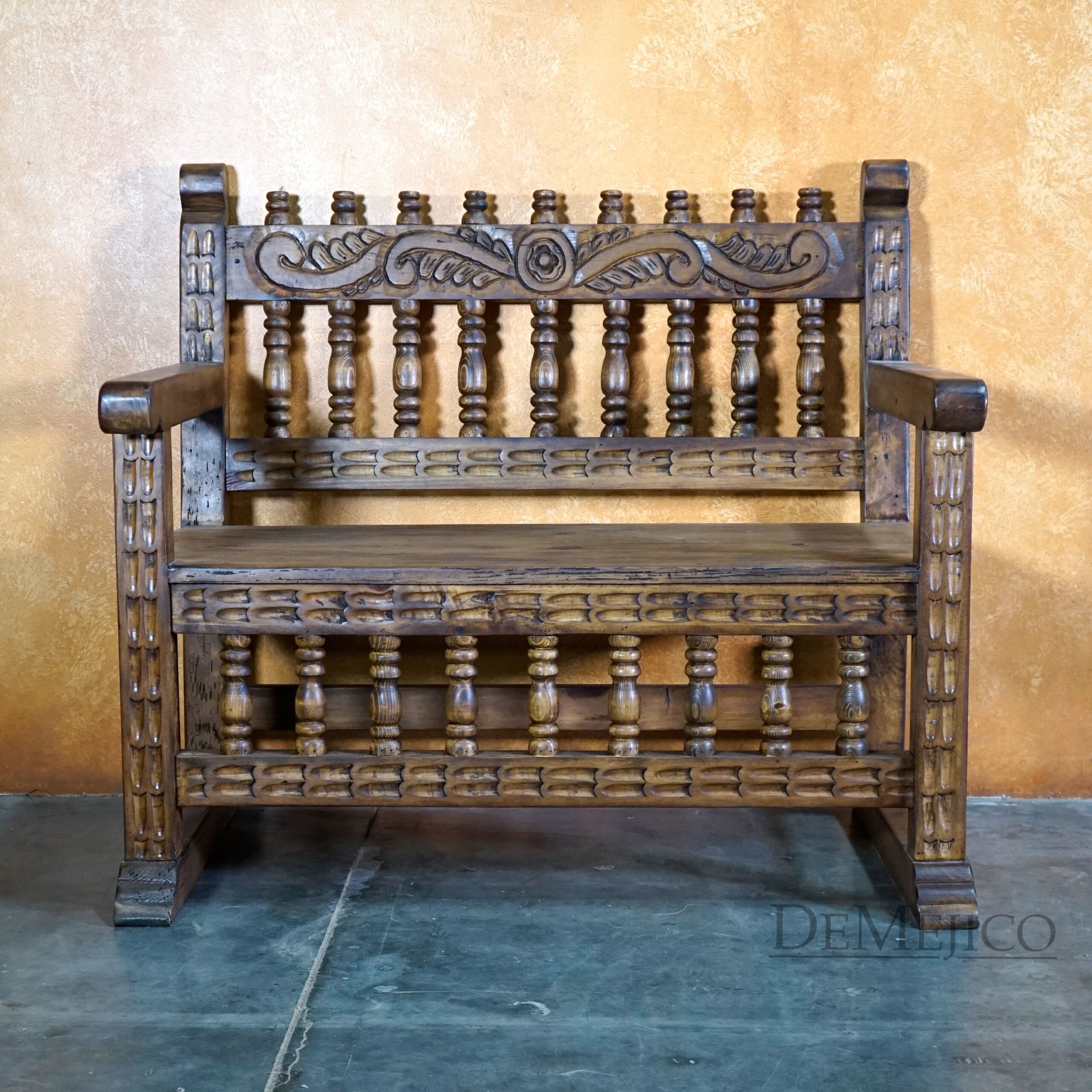 Old Wood Banca Yucatán, Mexican Benches, Carved Benches - Demejico